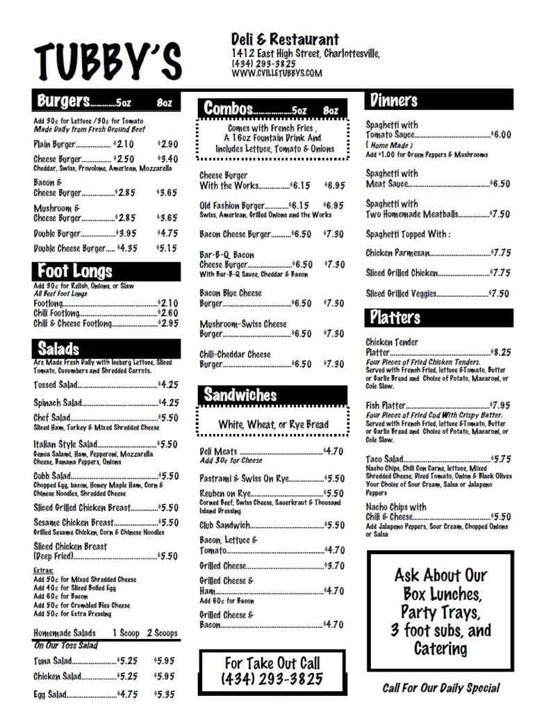 Tubby's Menu, Menu for Tubby's, Charlottesville, Charlottesville ...