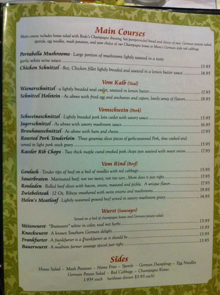 Menu at Bodo's German Restaurant & Pub, Myrtle Beach