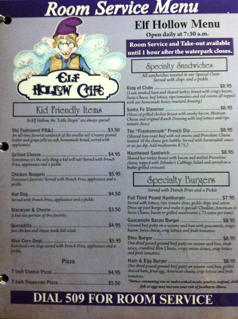 Menu at Elf Hollow Cafe, Frankenmuth