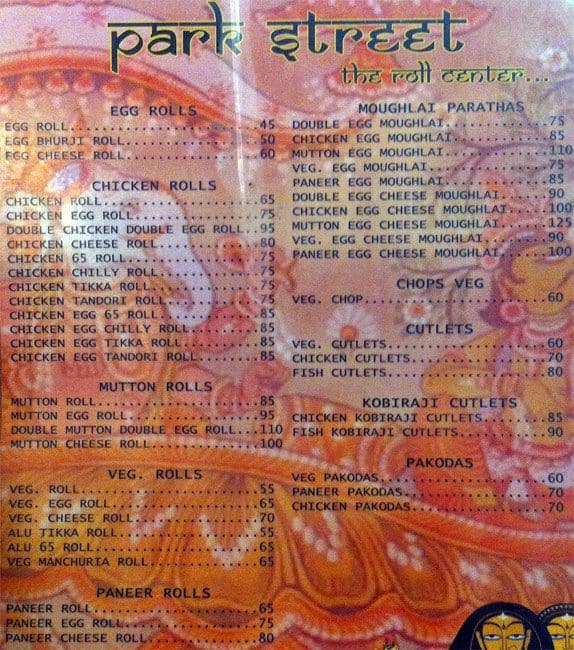 Menu at Park Street, Hyderabad