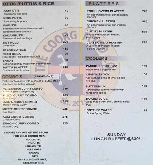 Menu of The Coorg Food Co., Koramangala 6th Block, Bangalore