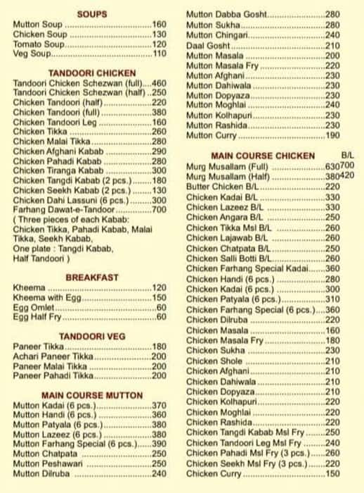Menu of Farhang Restaurant, Fort, Mumbai