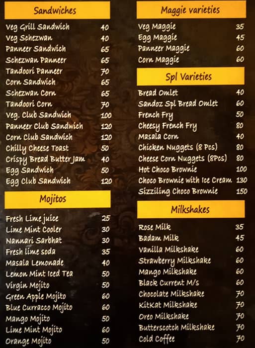 Menu of Sandoz King, Arumbakkam, Chennai