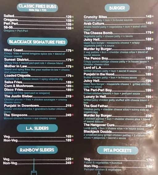 Menu of BlackJack, DLF Phase 4, Gurgaon