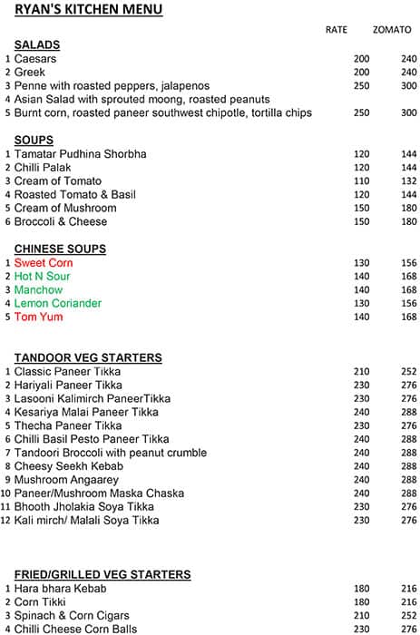 Menu at Ryan's Kitchen, Raipur