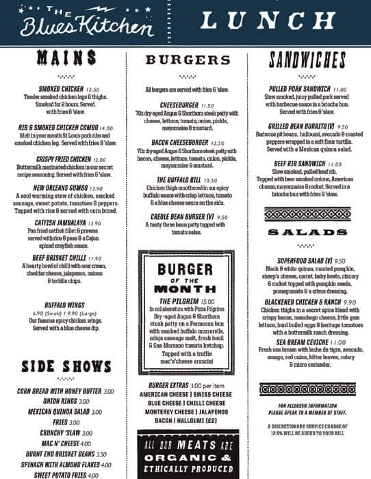 Menu at The Blues Kitchen pub & bar, London, 111-113 Camden High St