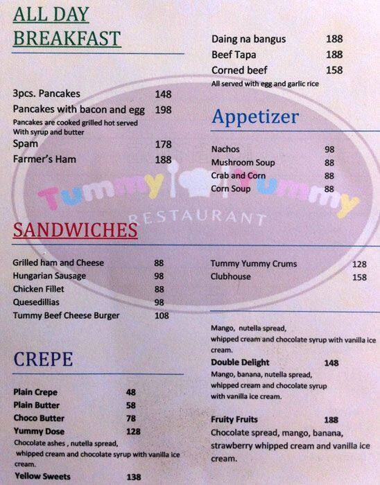 Menu at Tummy Yummy restaurant, Quezon City