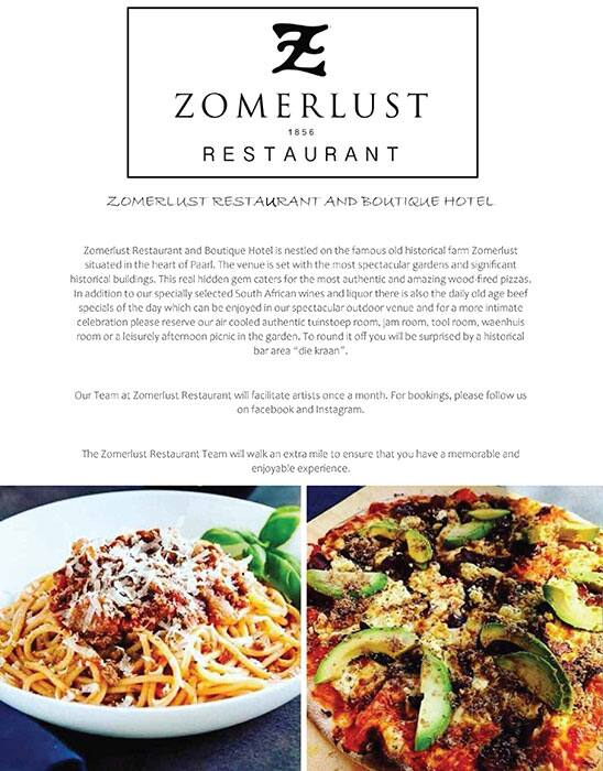Menu at Zomerlust restaurant, Paarl
