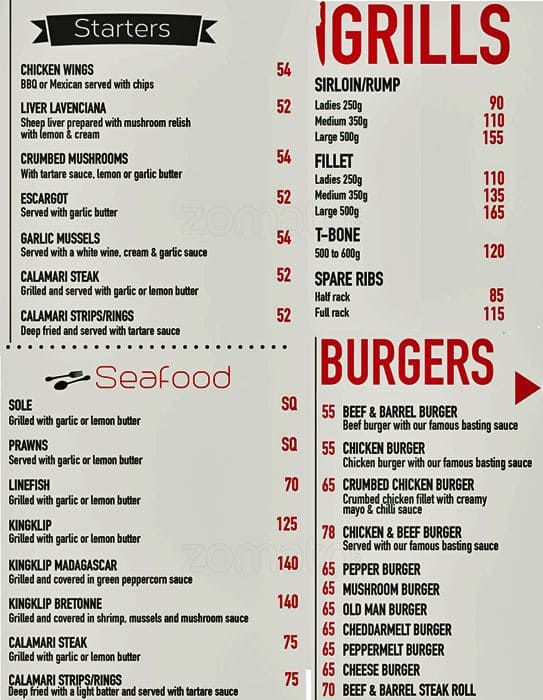 Menu at Beef and Barrel, Malmesbury