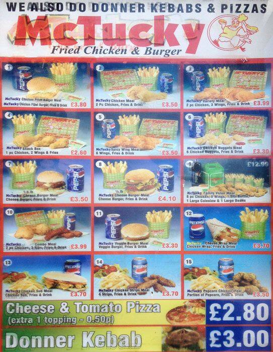 Menu at McTucky's pizzeria, Manchester