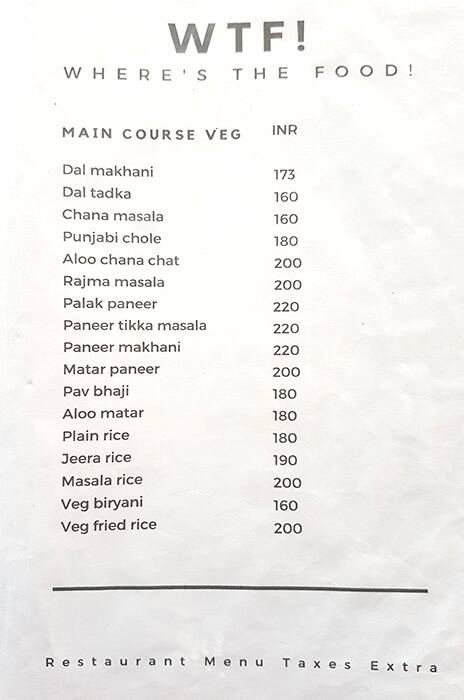 Menu at WTF Resto, Pool And Bar, Anjuna