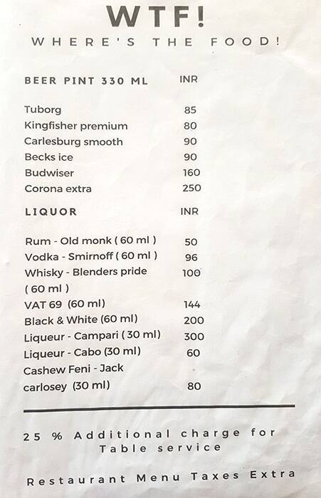 Menu at WTF Resto, Pool And Bar, Anjuna