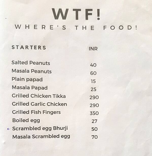 Menu at WTF Resto, Pool And Bar, Anjuna