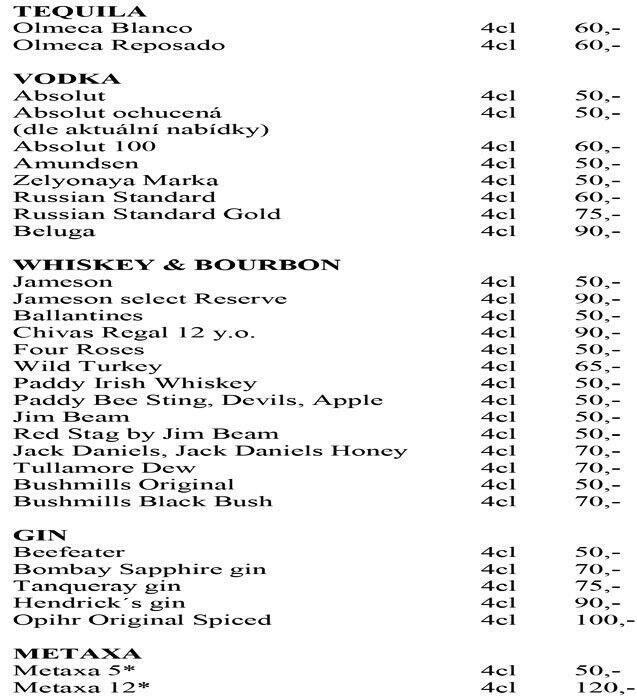 Menu at Cubana pub & bar, Brno