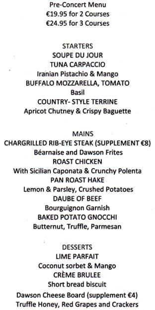 Menu at Dawson Brasserie restaurant, Dublin