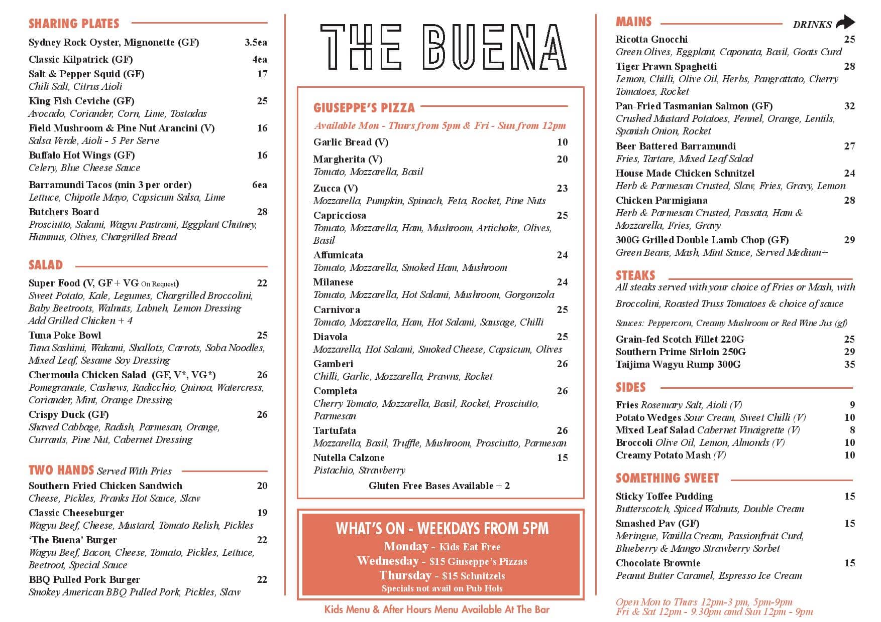 Menu at The Buena pub & bar, Mosman