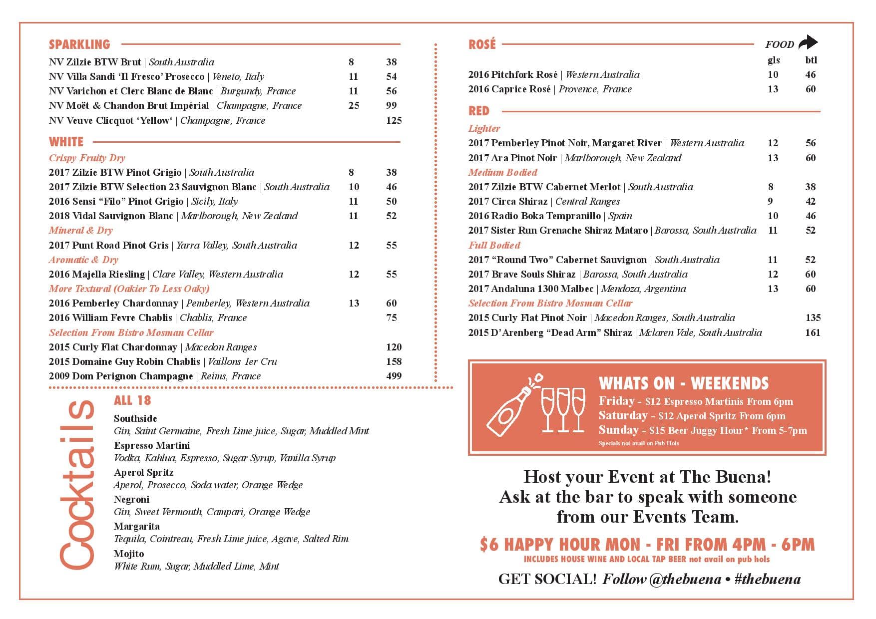 Menu at The Buena pub & bar, Mosman