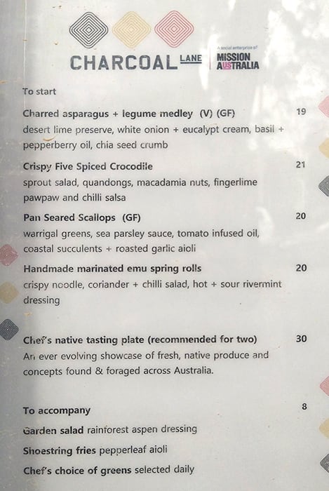 Menu at Charcoal Lane restaurant, Fitzroy