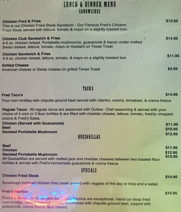 Menu at Fred's Texas Cafe - West 7th, Fort Worth