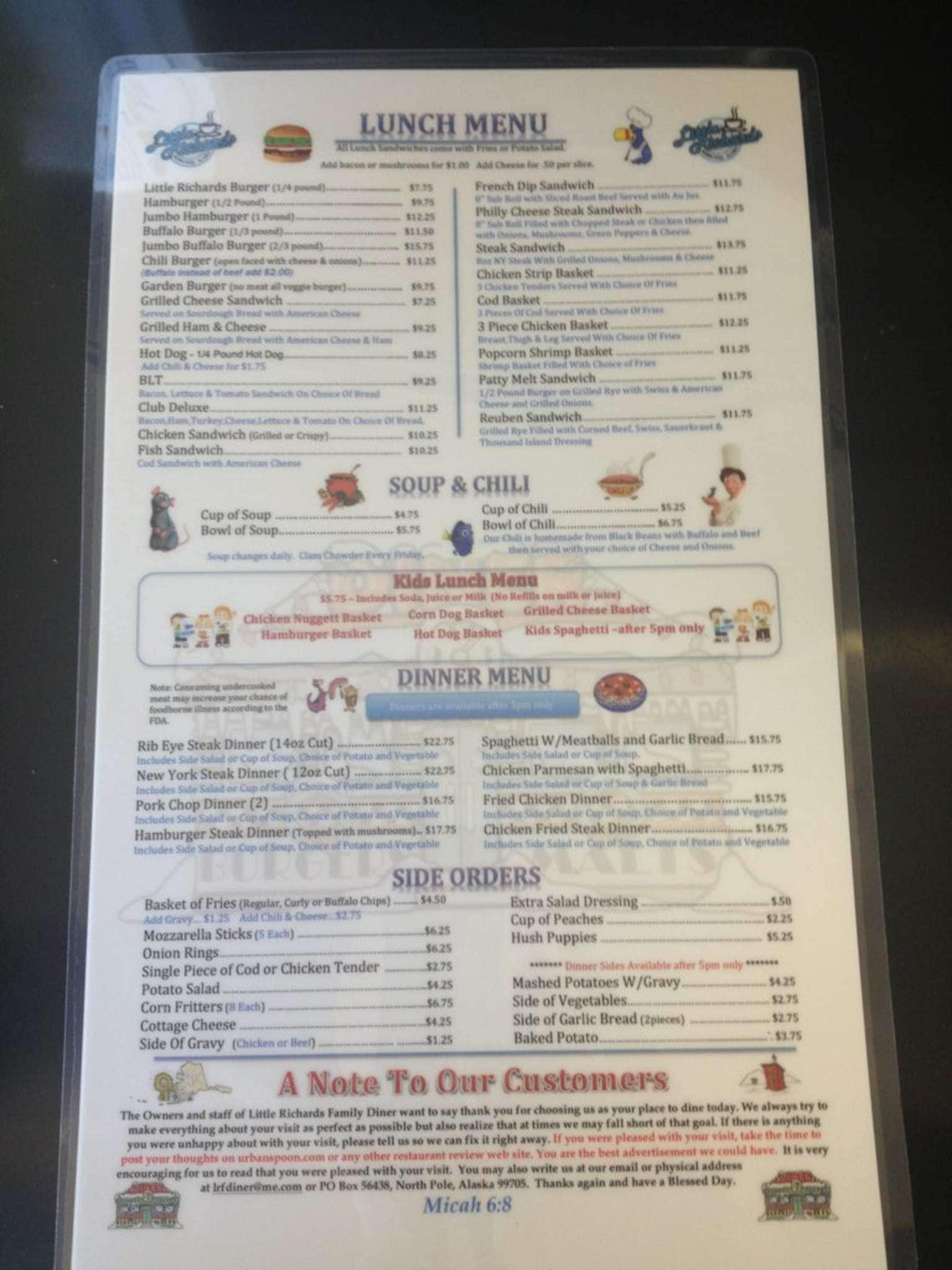 Menu at Little Richard's Family Diner restaurant, North Pole