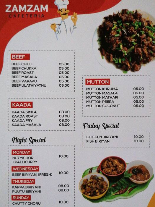 Menu at Zamzam Cafeteria, Abu Dhabi