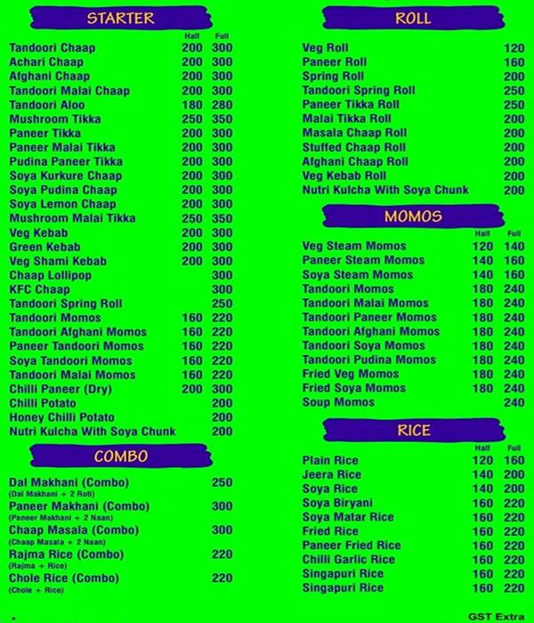 Menu of Chacha Soya Chaap, Sector 72, Noida