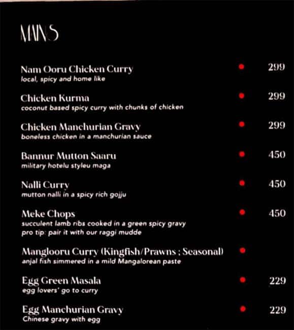 Menu of Enne, Malleshwaram, Bangalore