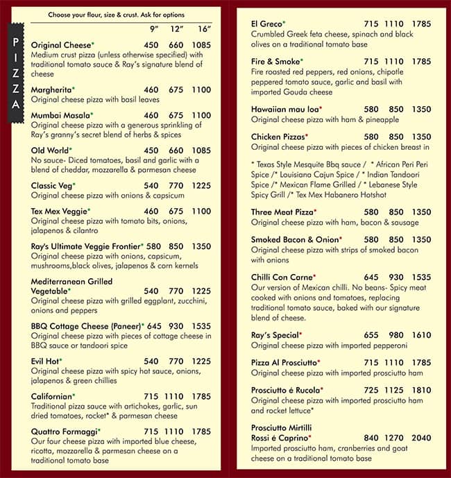 Ray's pizza menu store