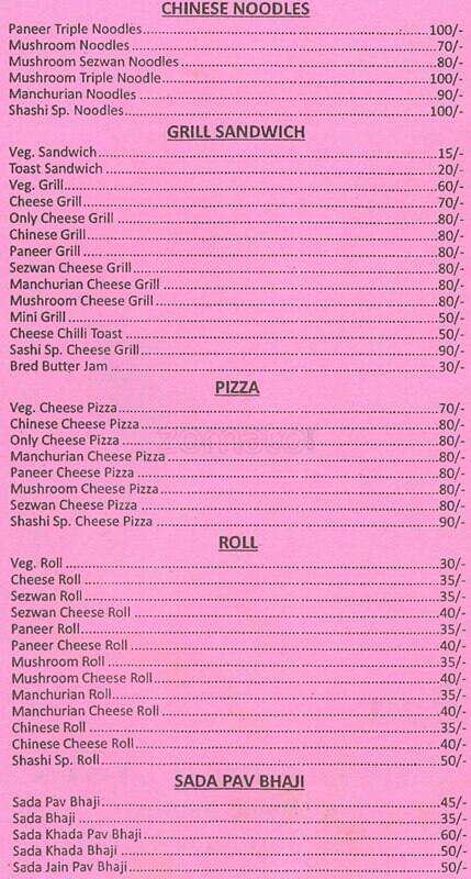 Menu at Shashi Fast Food, Mumbai