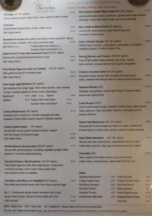 Menu at Fernielea cafe, Auckland