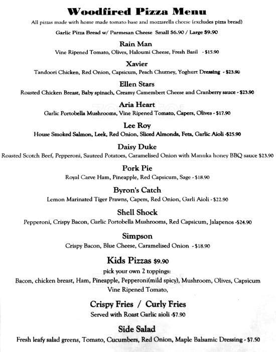 Menu at Fernielea cafe, Auckland