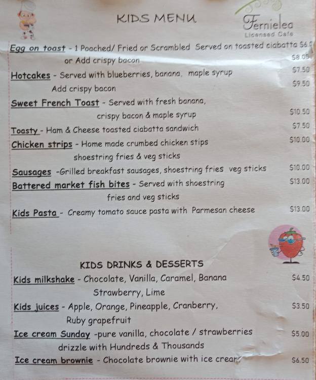 Menu at Fernielea cafe, Auckland