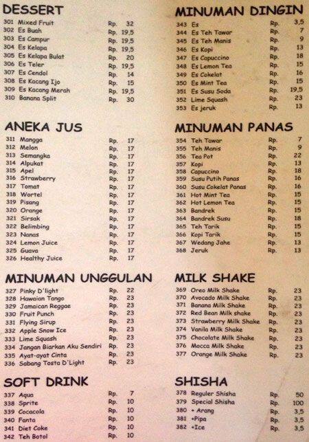 Menu at Warung Desa restaurant, Central Jakarta, Jl. H. Agus Salim No.47 3