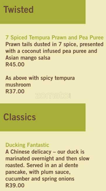 Menu at Greedy Buddha restaurant, Durban, 59 Adelaide Tambo Drive