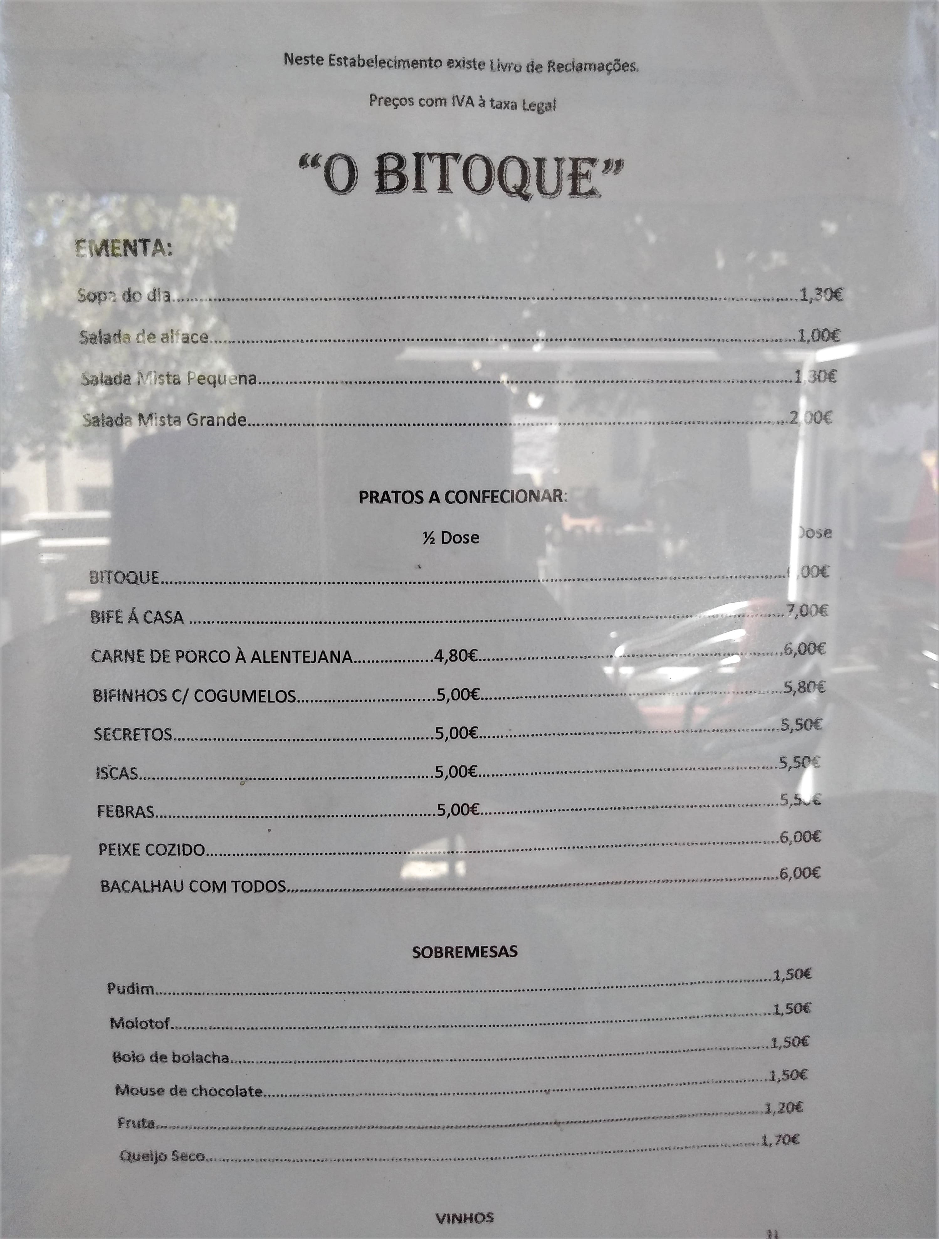 Menu at O Bitoque, Lisbon, Praça Professor Bento Jesus Caraça