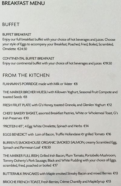 Menu at The Marker Hotel restaurant, Dublin, Grand Canal Square