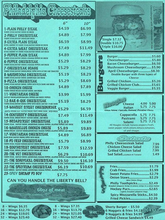 Menu at Fred's Downtown Philly restaurant, Plano