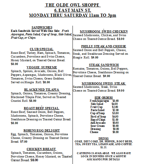 Menu at The Owl Shoppe restaurant, Shawnee