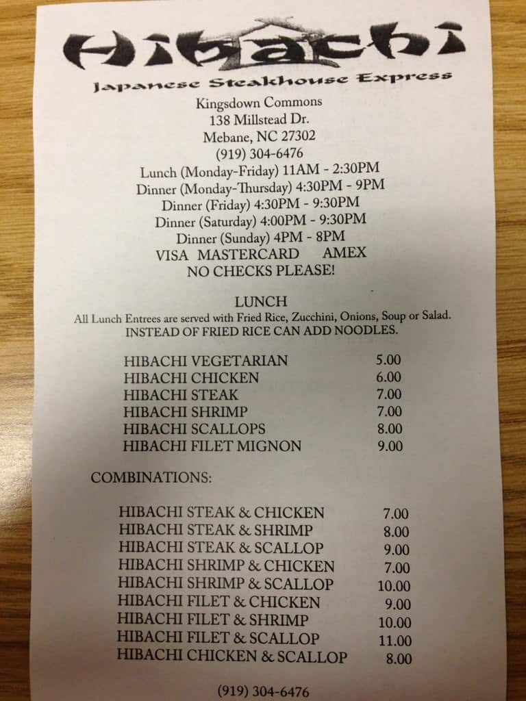 Menu at Hibachi restaurant, Mebane