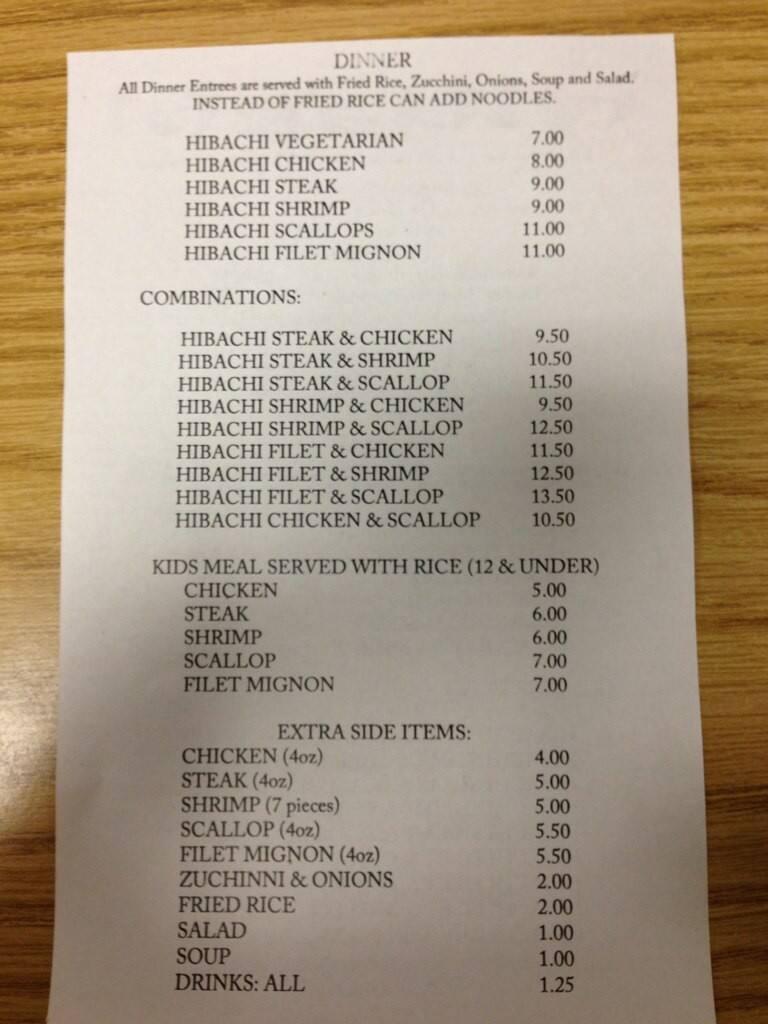 Menu at Hibachi restaurant, Mebane, 138 Millstead Dr