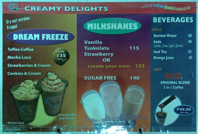 Carta del restaurante Crepes & Cream, Cebú, Ayala Center Cebu