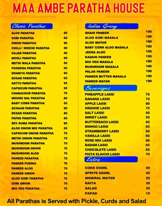 Menu of Maa Ambe Paratha House, Navallur, Chennai