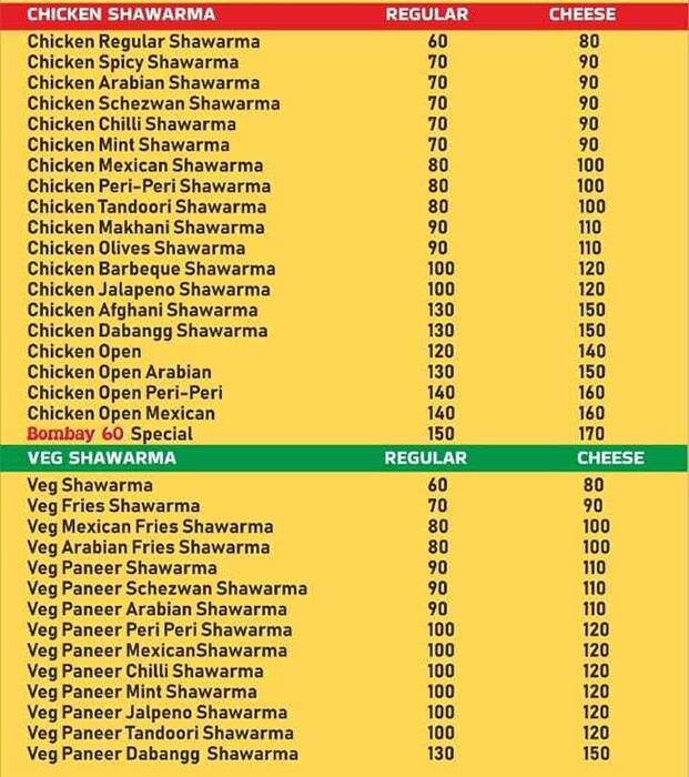 Menu of Bombay 60, Jogeshwari, Mumbai