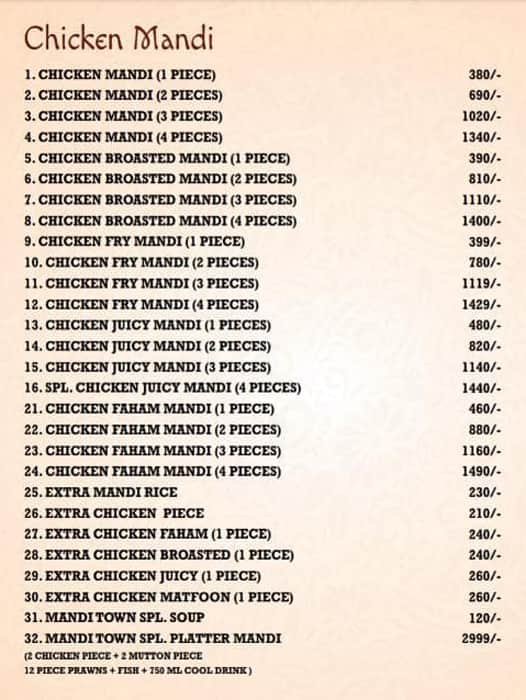 Menu of Mandi Town, Tolichowki, Hyderabad