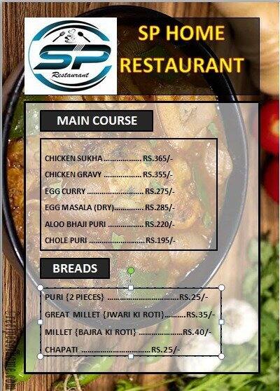 Menu of SP Home Restaurant, Sus, Pune