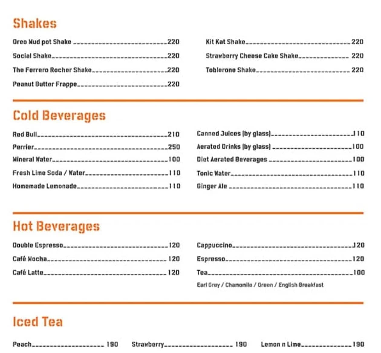Menu of Anti Social, Shivaji Nagar, Pune
