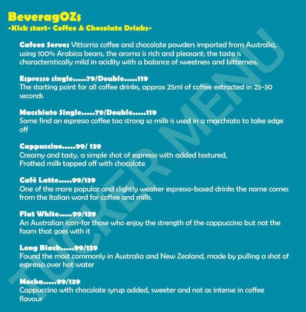 Menu at Cafe Oz, New Delhi, Khan Market