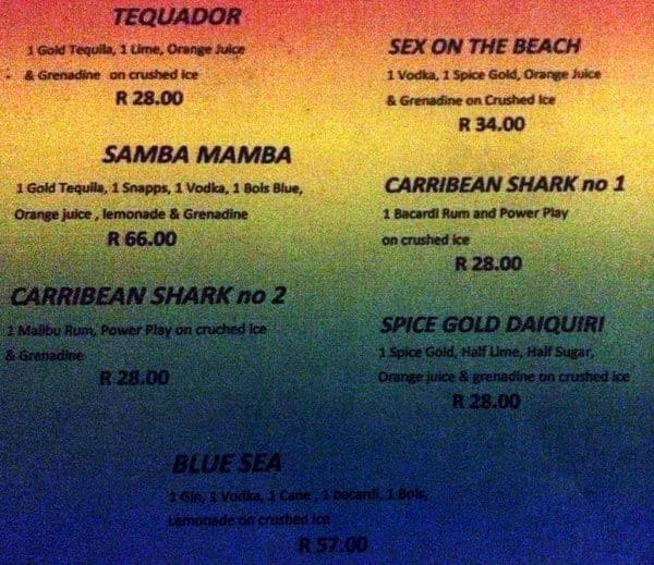 Menu at Bacchus Sport Bar, Paarl