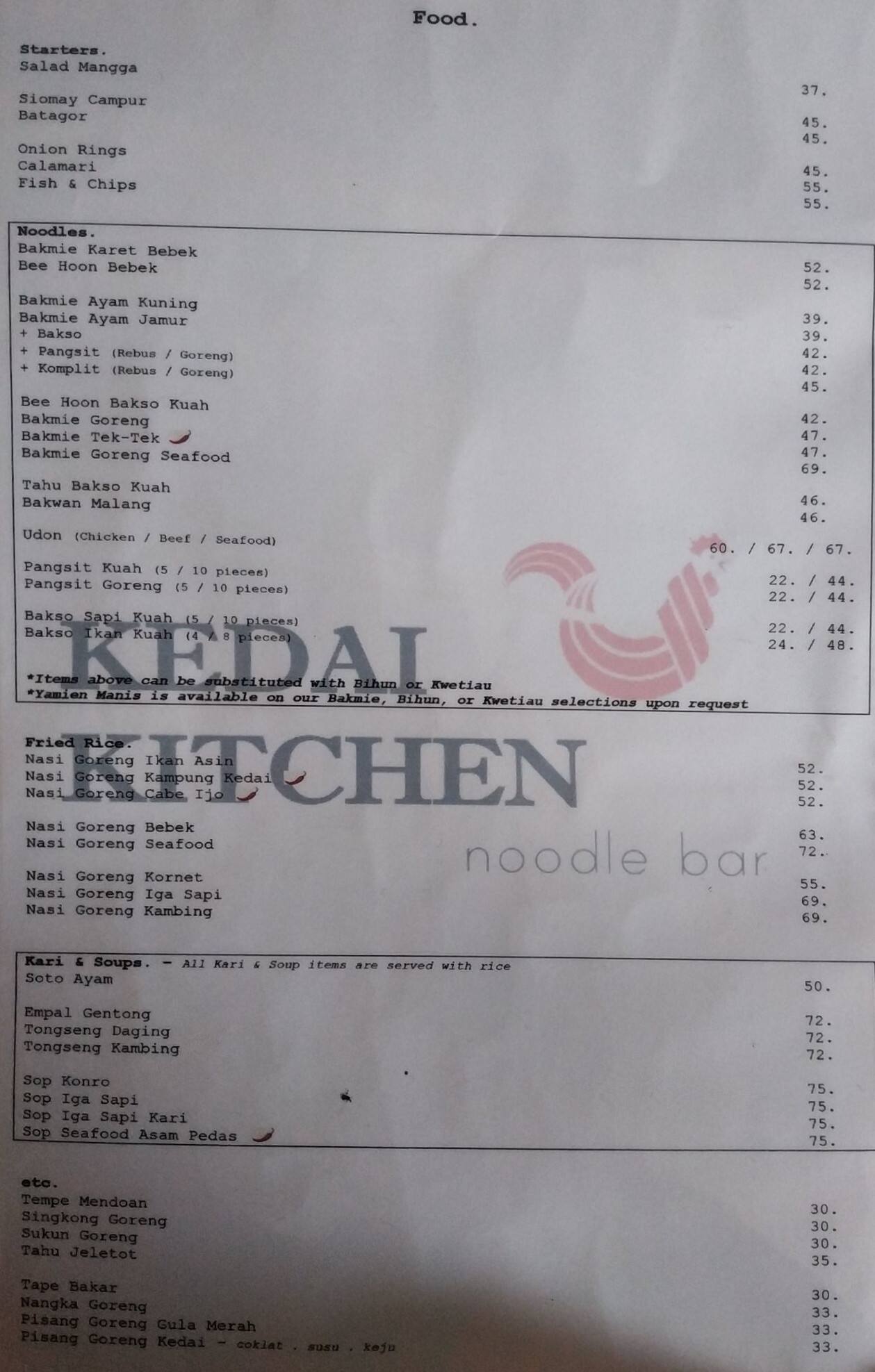 Menu at Kedai Kitchen restaurant, South Jakarta