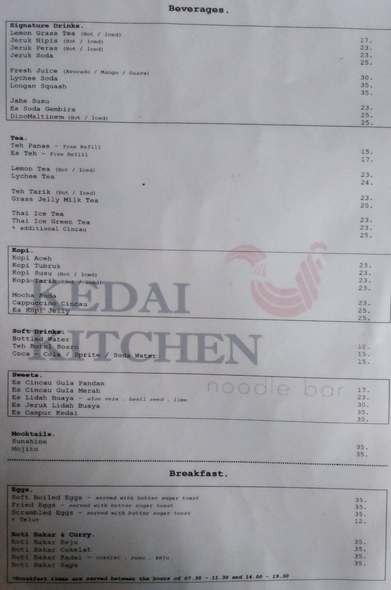 Menu at Kedai Kitchen restaurant, South Jakarta